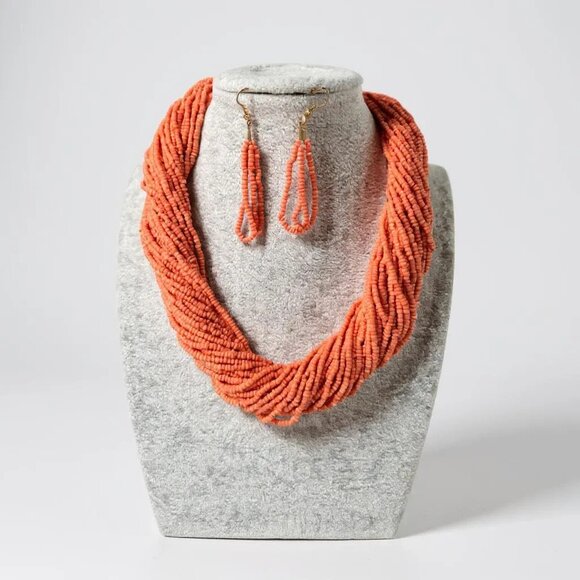 Nena | Jewelry | Multi Strand Peach Glass Seed Bead Necklace Earring ...